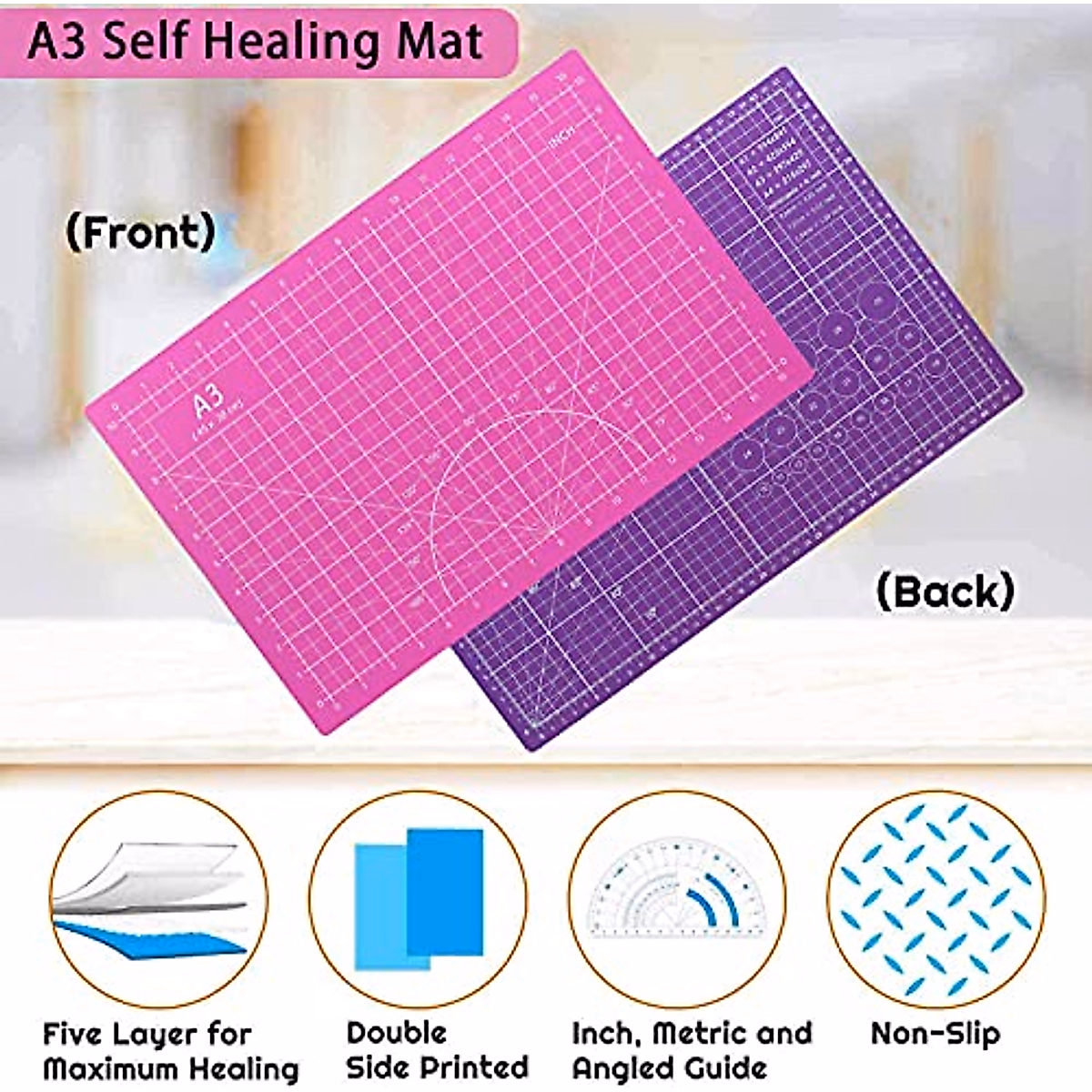 A3 Self Healing Cutting Mat, 18" x 12" Double Sided 5-Layer Non-Slip Cutting Board for Sewing, Hobby, DIY, Quilting, Arts and Crafts Projects (Pink)