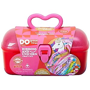 Highlights for Children Ribbons and Unicorn Craft Kit for Kids, 3 Crafts in 1, Create a Unicorn Wand, Ribbon Hoop, and Hair Comb, Includes Reusable Carrying Case for Mess Free Storage, Ages 6+