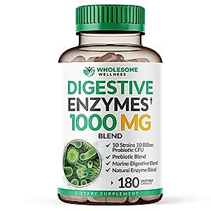 Wholesome Wellness Digestive Enzymes 1000MG Plus Prebiotics & Probiotics Supplement, 180 Capsules, Organic Plant-Based Vegan Formula for Digestion & Lactose with Amylase & Bromelain,1-2 Month Supply