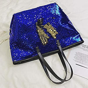 FENICAL Tote Sequins Shoulder Bag Glitter Handbag Flippy Large Tote Bag for Ladies Girls Women- Dark Blue (Random color of inner pattern)