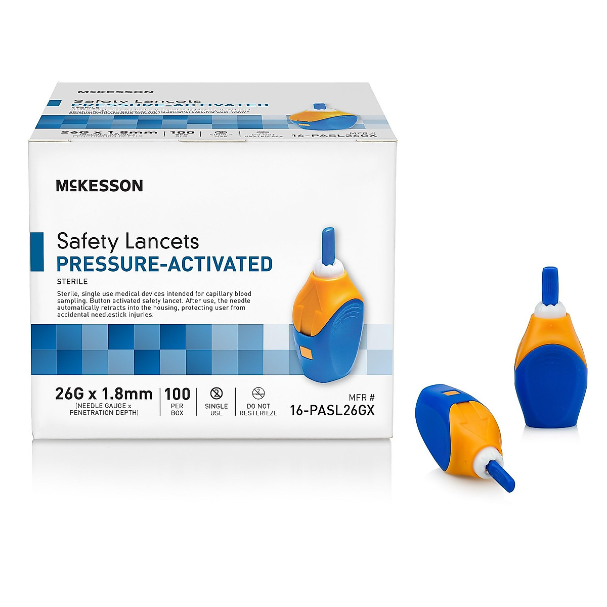 McKesson Safety Lancet, Retractable, Pressure-Activated Finger Device, Sterile - Ideal for Blood Testing - Single Use, 26 Gauge, 1.8mm Depth, 100 Count, 1 Pack