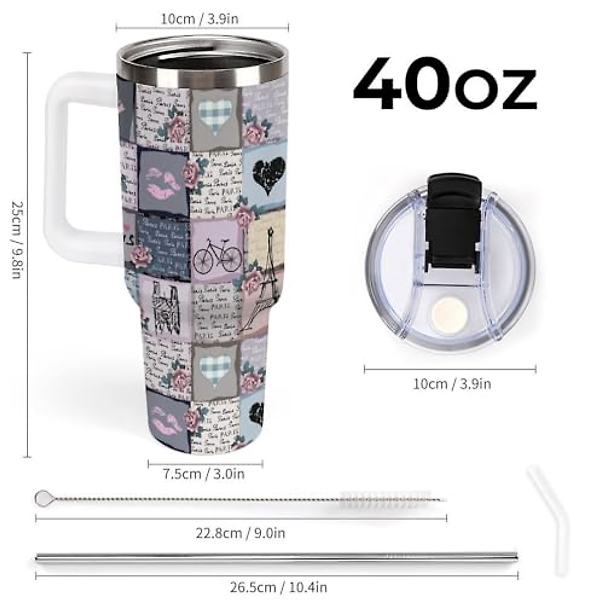 Niapessel Leak Proof Tumbler, Insulated Water Bottles with Straw, Retro Paris Art Insulated Cup with Handle 40 Oz Stainless Steel Flask for School, Travel, Car, Sports, Work