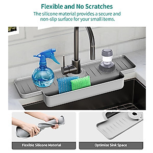 Silicone Faucet Splash Guard Kitchen Sink Splash Guard Upgraded Faucet Water Catcher Tray - 15.75” x 5.5''x2” - Sink Sponge Holder for Kitchen, Bathroom(Grey)