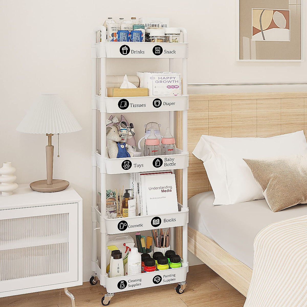 UDEAR 5-Tier Rolling Utility Cart with 12 Category Labels,Multifunctional Storage Shelves with Handle and Lockable Wheels for Room,Office,Kitchen,Bathroom,White