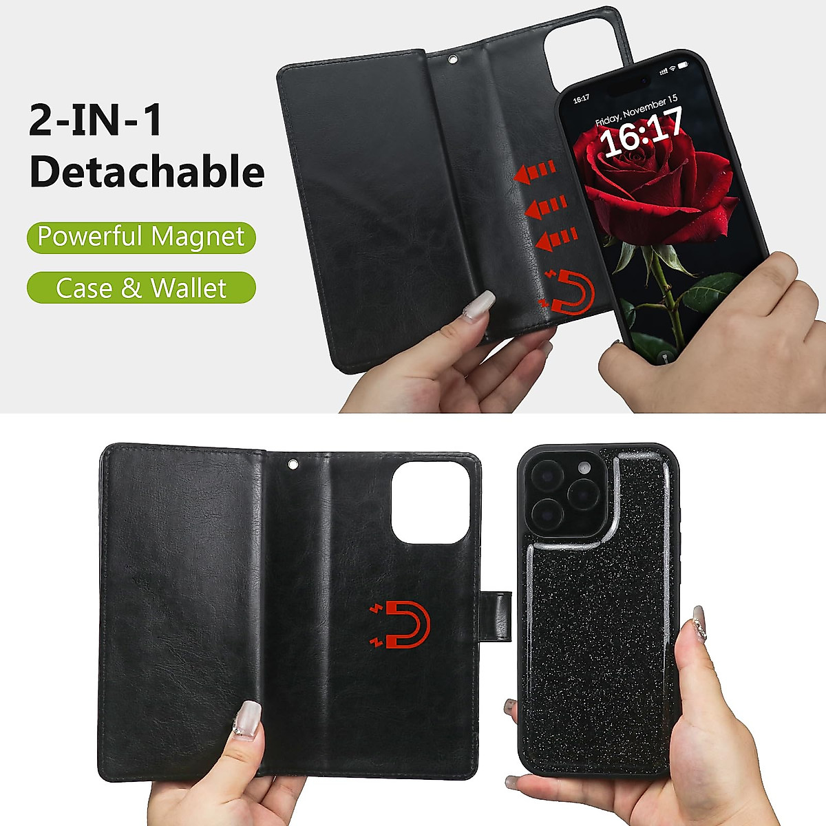 Varikke for iPhone 15 Pro Max Wallet Case Detachable with Card Holder for Women, Fashion Glitter PU Leather Strap Magnetic Flip Wallet Removable Phone Case Cover for iPhone 15 Pro Max 6.7", Black