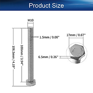 Bettomshin 4Pcs M10 x 100mm Hex Bolts, 304 Stainless Steel 1.5mm Thread Pitch Fully Threaded Metric Hex Head Screw Bolts, Hexagon Screw Bolt, Hex Tap Bolts, Silver (Overall Size 105.5x17x17mm)