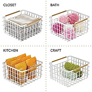 mDesign Metal Steel Wire Square Organizer Storage Basket w/Bamboo Handles for Closet, Shelves, Holds Linens, Blankets, Slippers, Scarves, Hats, Gloves - Yami Collection - 2 Pack - Matte White/Natural