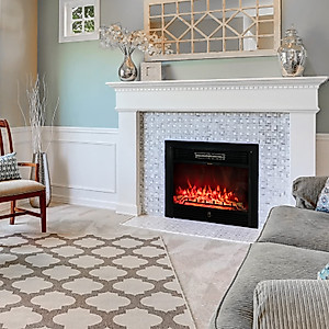 GLACER Electric Fireplace, 28.5'' Recessed Fireplace Heater with 3 Colors Adjustable LED Flame,Timer,Thermostat,Hidden Control Panel,Remote Control,750W/1500W Wall Mounted, Black, (EP100)