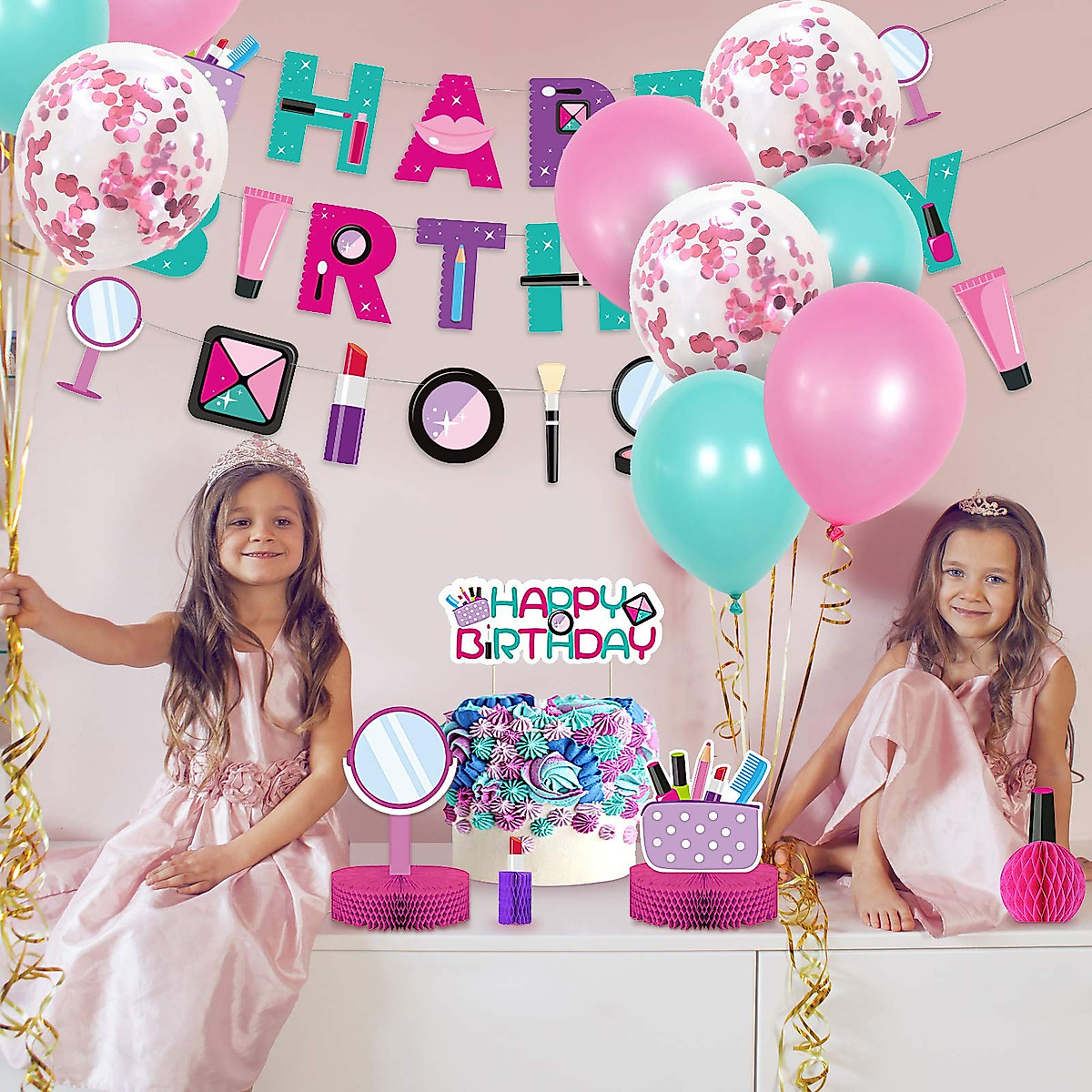 Sumind Spa Theme Party Supplies for Girls Makeup Party Decorations Includes 3 Happy Birthday Banner 1Cake Topper Pick and 20 Latex Balloons 4 Honeycomb Centerpieces for Spa Make up Theme Party Decor