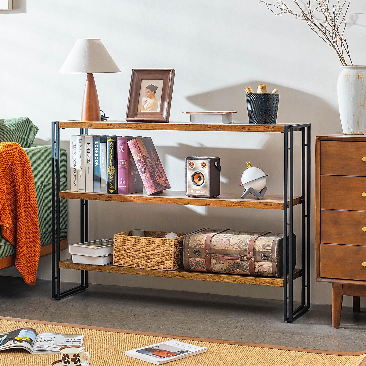 BCLOUDNEST Bookshelf, 3 Tier Long Bookcase, Industrial Book Shelf for Living Room, Home Office, Kitchen, Rustic Brown