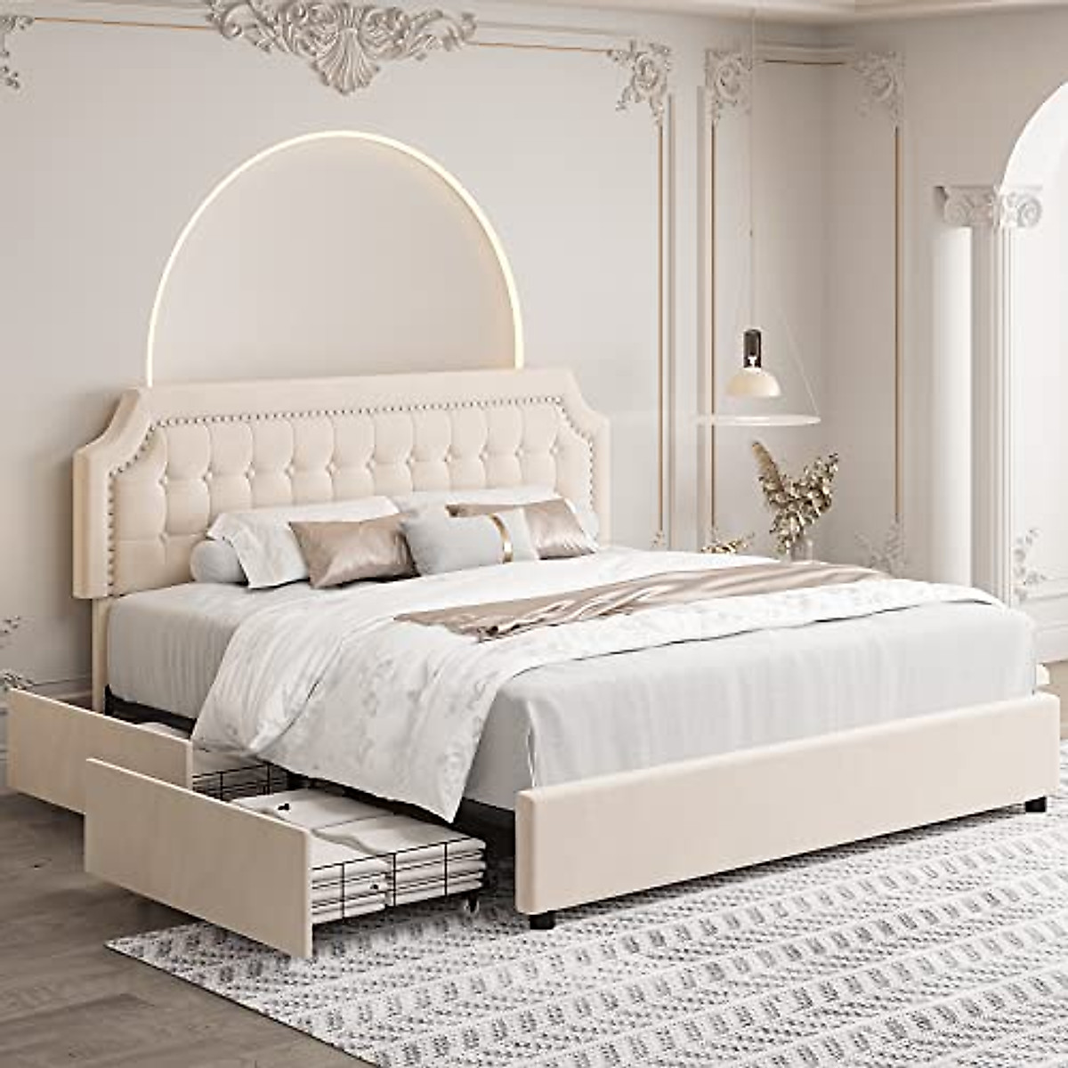 King Bed Frame with Storage and Adjustable Headboard, Bed Frame with 4 Drawers and Wooden Slats Support, No Box Spring Needed, Velvet, Beige