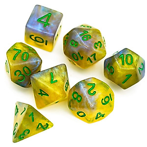 Cusdie 7-Die Resin DND Dice, Polyhedral Dice Set, for Role Playing Game Dungeons and Dragons D&D Dice MTG Pathfinder (Yellow/Blue Green Numbers)