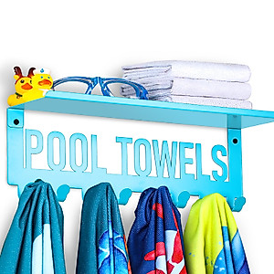 Tandefio Pool Towel Rack with Shelf Outdoor Wall Mounted Towel Holder 8 Hooks for Pool Bathroom Blue Metal Towel Hanger Towel Storage Indoor Outdoor for Robe, Towel, Coat, Swimsuit, Bag, Keys