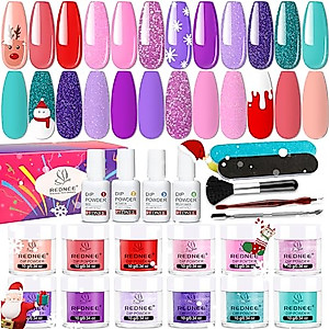 REDNEE 21pcs Dip Powder Nail Kit Starter - 12 Colors Spring Colors Acrylic Nail System with Tools for Manicure Nail Design RE38