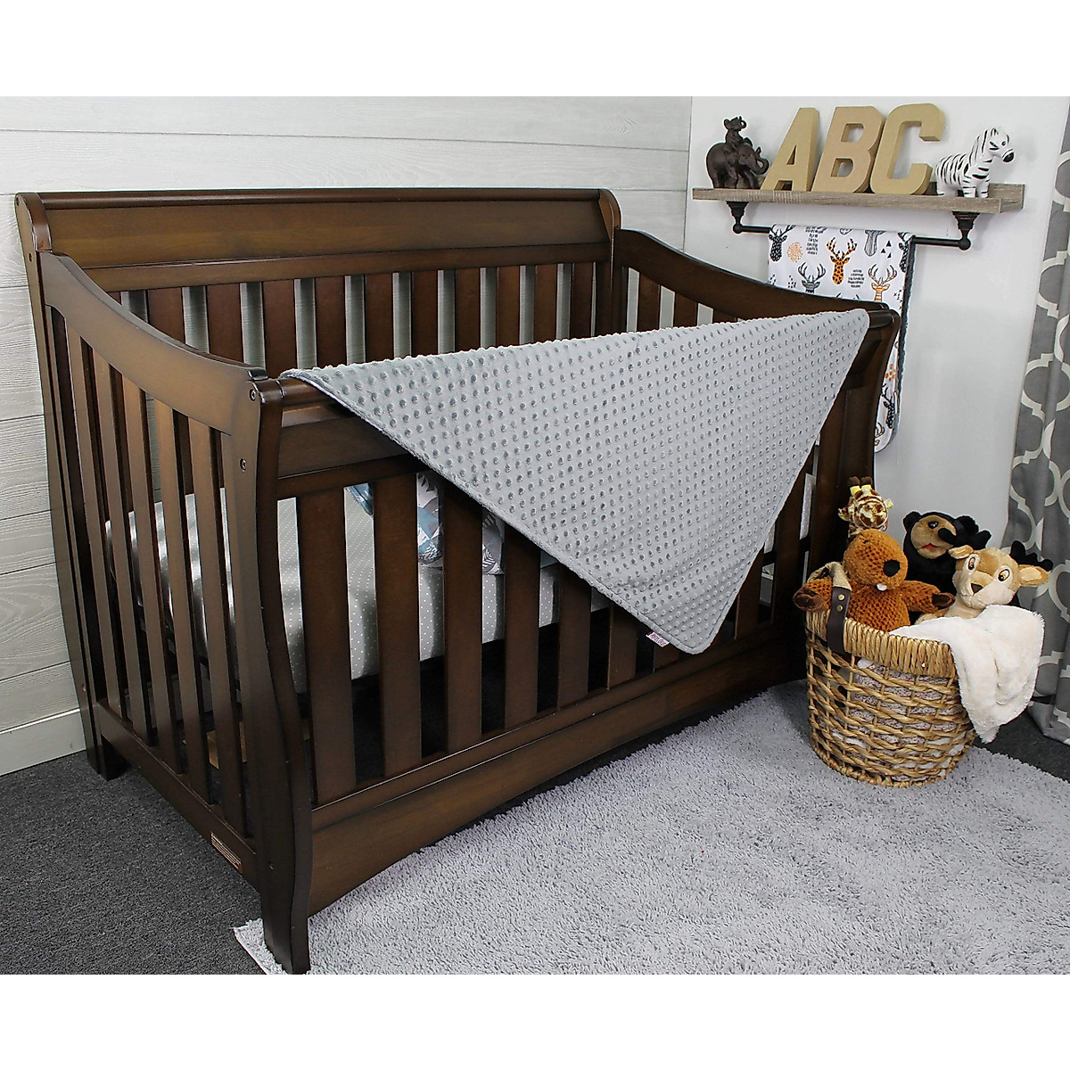 Top Tots Deluxe Baby Blanket - White Bear and Trees, Minky Dot, Grey