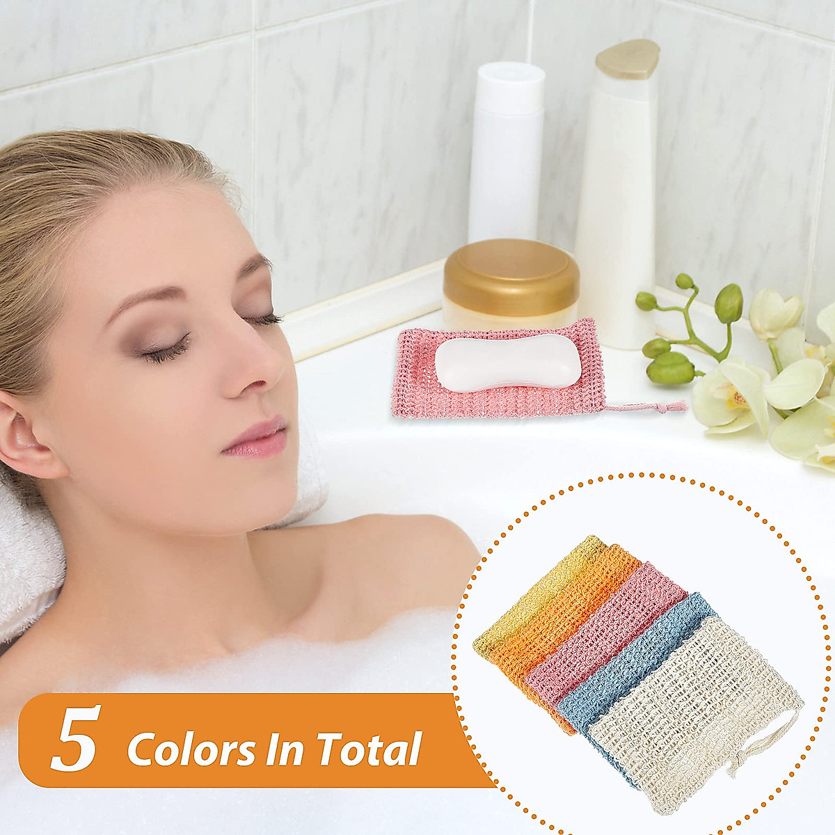 BBTO 5 Pieces Soap Saver Bag Natural Sisal Exfoliating Soap Pouch for Foaming and Drying, Shower, Scrubber(9 x 14 cm,White, Pink, Blue, Yellow, Orange)