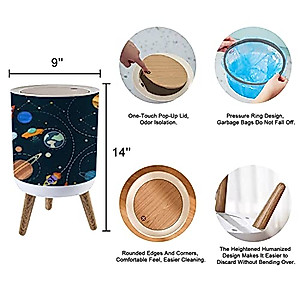 CAKOJV188 Round Trash Can with Press Lid Space Theme Solar System Kids Cartoon Planet Seamless Rocket UFO Small Garbage Can Trash