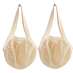 WHITEWRAP Cotton Mesh String Reusable Bag Long Handle Net Tote Bag| 13"x14" | 2-Pack | Natural | Reusable Grocery Bags, Vegetable Bag, Shopping bag, Hand bag