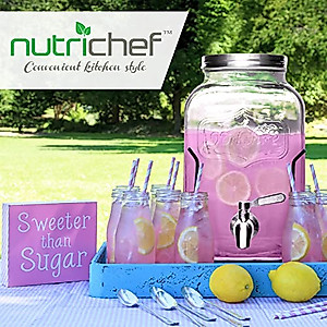 NutriChef 2-Gallon Glass Beverage Dispenser - Mason Jar Style Drink Container Jug w/Stainless Steel Spigot & Plastic Ice Infuser, Wide Mouth Easy Filling, 100% Leak-proof Lid, For Party or Daily Use