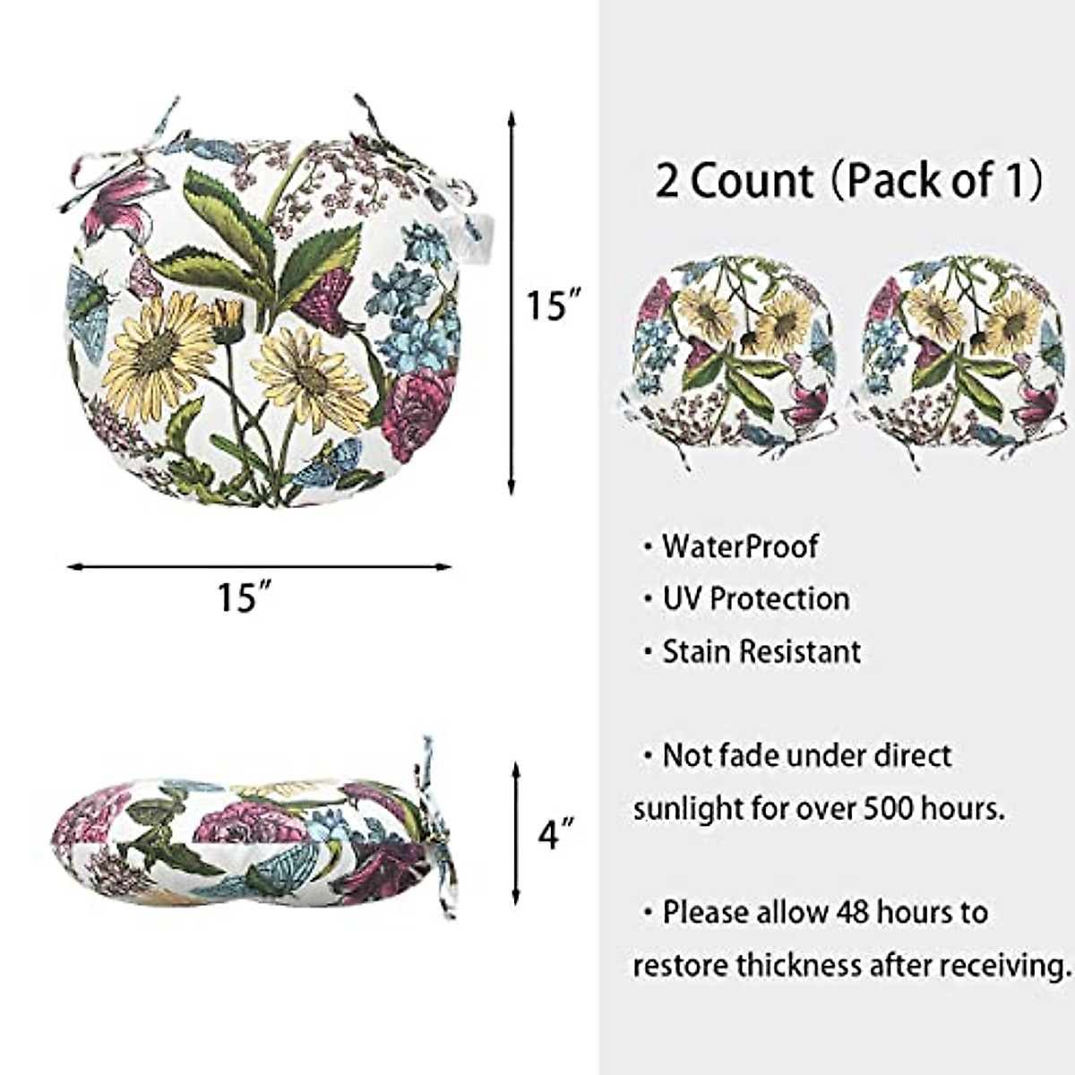 FUNHOME All Weather Bistro Seat Cushions with Ties, Tufted Patio Chair Cushions Round 15”x15”x4”, Set of 2, Chair Pad for Home Garden Kitchen Furniture-Butterfly