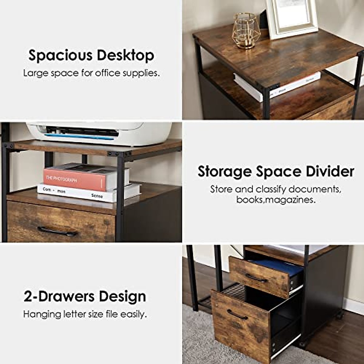 Fameill Rolling Filing Cabinet 2 Drawer File Cabinet Industrial Printer Stand for Home Office Small Under Desk Cabinet with Open Shelf,Storage Cabinet for A4, Letter Size, Rustic Brown