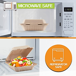 Raj Eco To Go Containers Compostable Clamshell Disposable, [8x8" 50-Pack] Take out Box With Hinged Lids, Meal-Prep, Eco Friendly, Biodegradable, food container made of sugar cane Bagasse BROWN