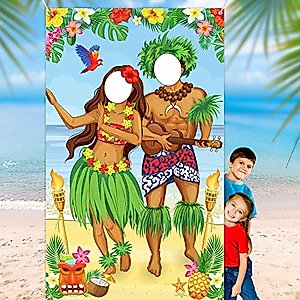 Frienda Luau Couple Photo Door Banner Hawaiian Party Decorations Tiki Luau Photo Props Aloha Tiki Banner for Party Decorations Hawaiian Door Banner Luau Party Supplies for Tropical Beach Party, 6 x 3.6 ft