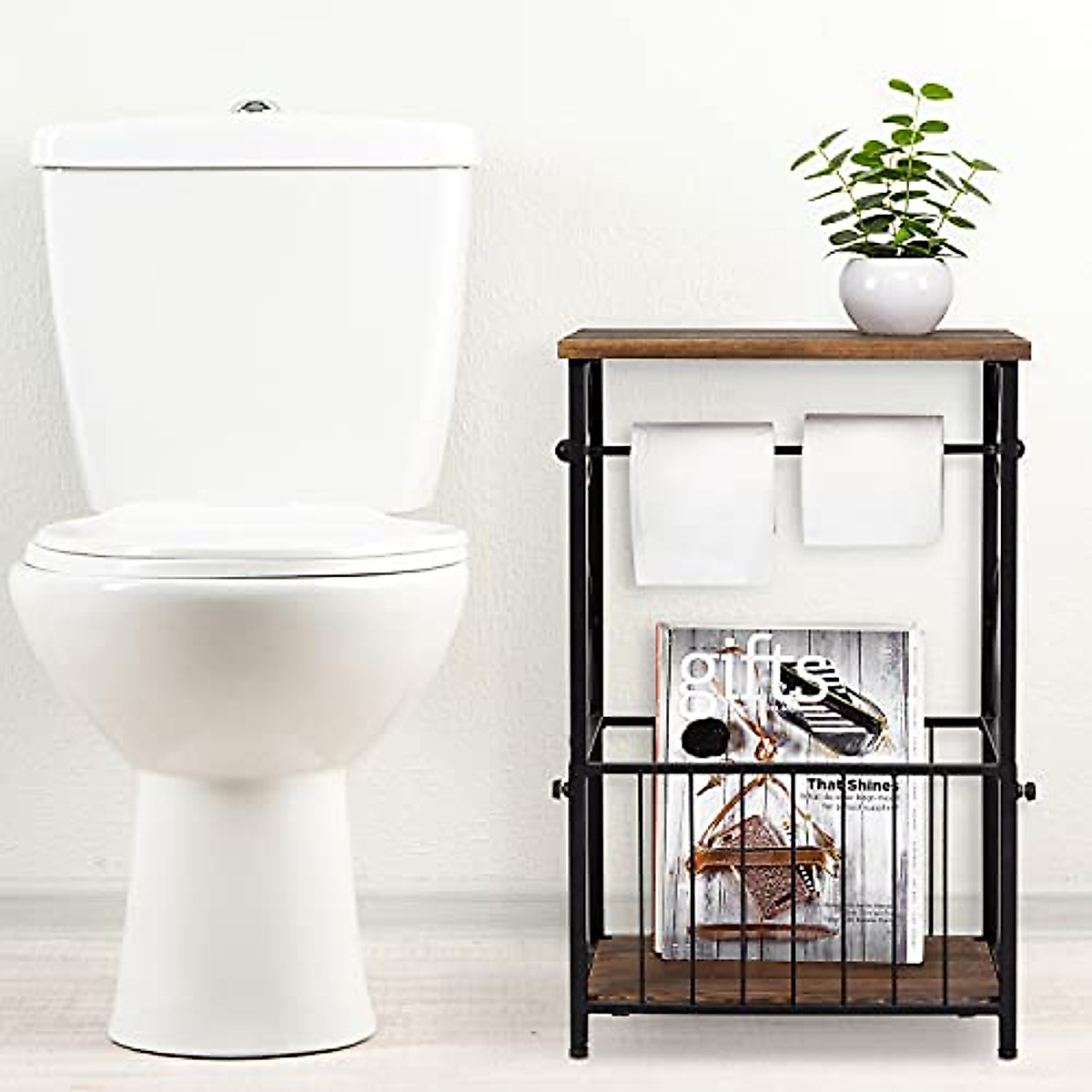 MyGift Freestanding Rustic Burnt Wood Toilet Paper Stand with Display Shelf and Matte Black Metal Scrollwork Magazine Basket, Holds up to 2 Toilet Paper Rolls