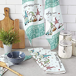 Beisseid Easter Day Kitchen Towels Bunny Ears Gnomes Dish Cloth Fingertip Bath Towels Easter Egg Check Plaid Floral Hand Drying Soft Cotton Tea Towel Set, 18x28in 2PCS