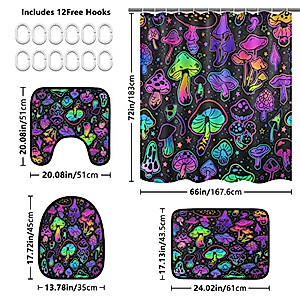4PCS Bright Psychedelic Mushrooms Shower Curtain Set with Non-Slip Rugs, Toilet Lid Cover and Bath U-Shaped Mat, Bathroom Decor Set Accessories Waterproof Shower Curtain Sets with 12 Hooks