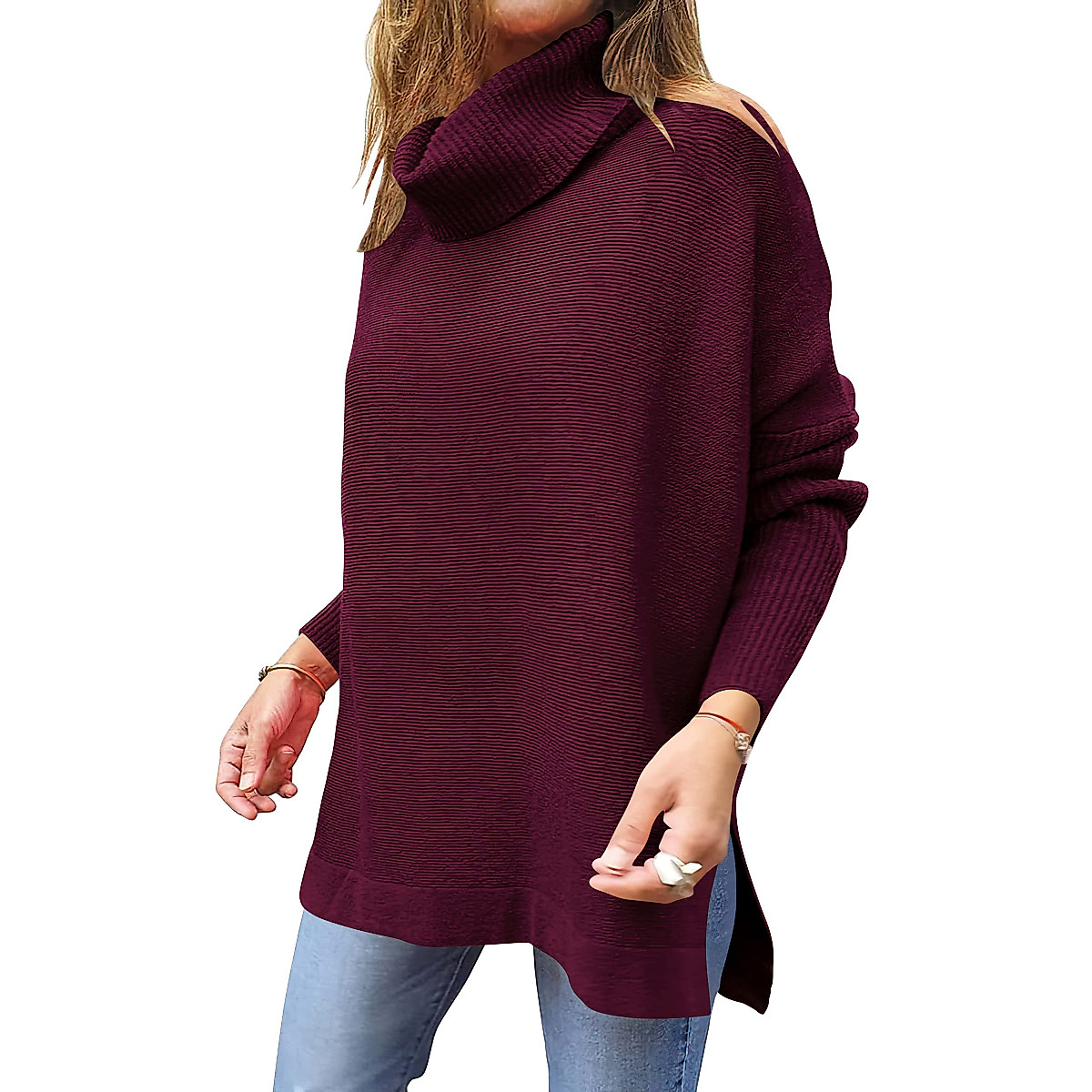 ANRABESS Women's Oversized Turtleneck Batwing Sleeve Spilt Casual Loose Knit Tunic Pullover Sweater Tops 2025 Fall Outfits Wine Red Small
