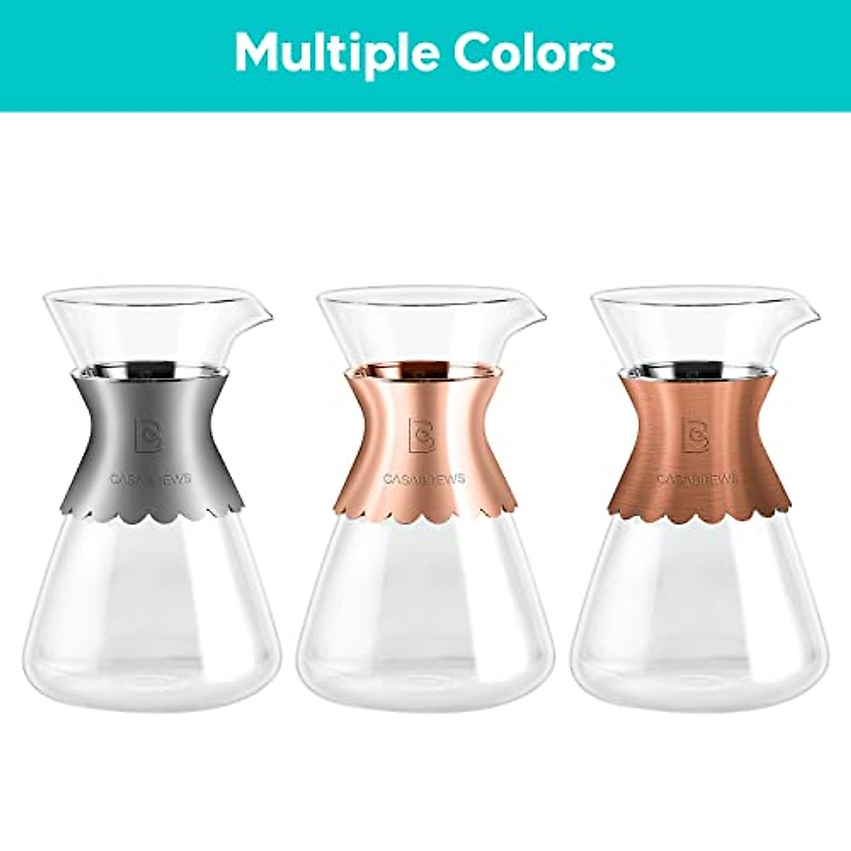 CASABREWS Pour Over Coffee Maker, Coffee Dripper Brewer with Reusable Double-layer Stainless Steel Filter, 34oz Heat Resistant Glass Coffee Pot, Elegant Coffee Carafe, Gift for Dad or Mom, Rose Gold