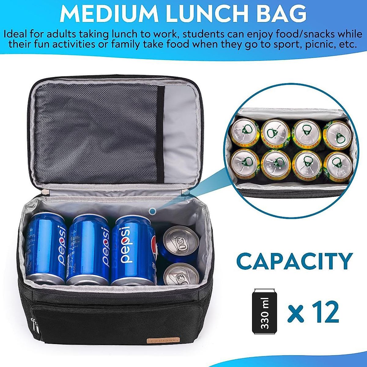 Insulated Lunch Bag with 2 Pcs Ice Packs for Lunch Bags – Waterproof Leakproof Lunch Bag for Women and Man – Heavy Duty Polyester Meal Prep Lunch Box for Adults with Adjustable Shoulder Strap