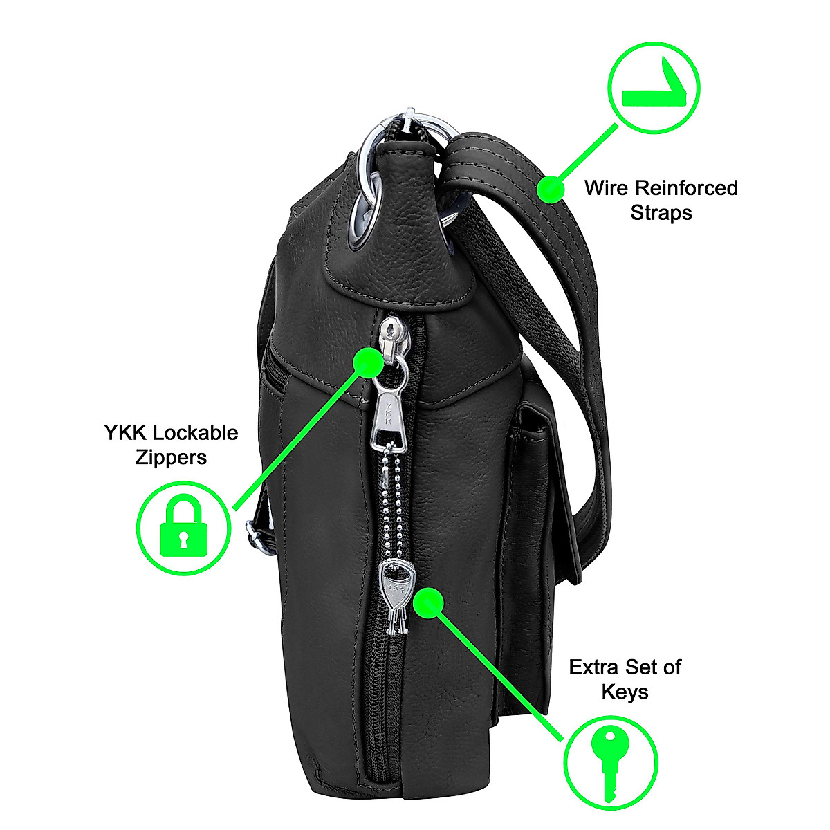 Concealed Carry Gun Purse - Twist Lock Pocket Crossbody Bag by Roma Leathers (Black)