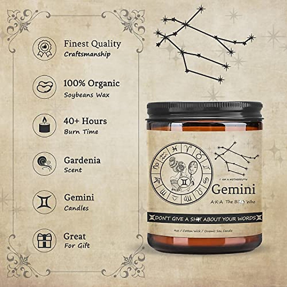 Gemini Astrology Gifts for Women, Don't Give A. Gemini Candle Gifts Decor, May & June Birthday Candles for Sister, Best Friends - Gardenia Scented Candle, 9 OZ