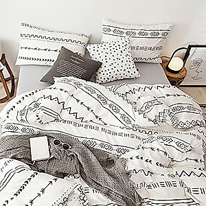 iyoimono Queen Size Duvet Cover Set Black Stripe and White Boho Geometric Bedding Set Reversible Quilt Comforter Cover with Zipper Closure (1 Duvet Cover 230x230cm+2 Pillow Shams 51x76cm)