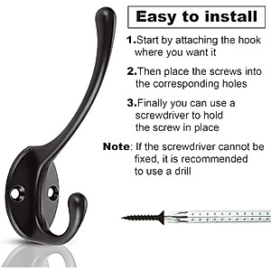 LANIAKEA 24PCS Coat Hooks, Heavy Duty Coat Hooks Wall Mounted with 48 Screws, Coat Hanger Hooks for Wall, Hanging, Coats, Towel, Bag, Cap, Scarf, Hat, Key, Black