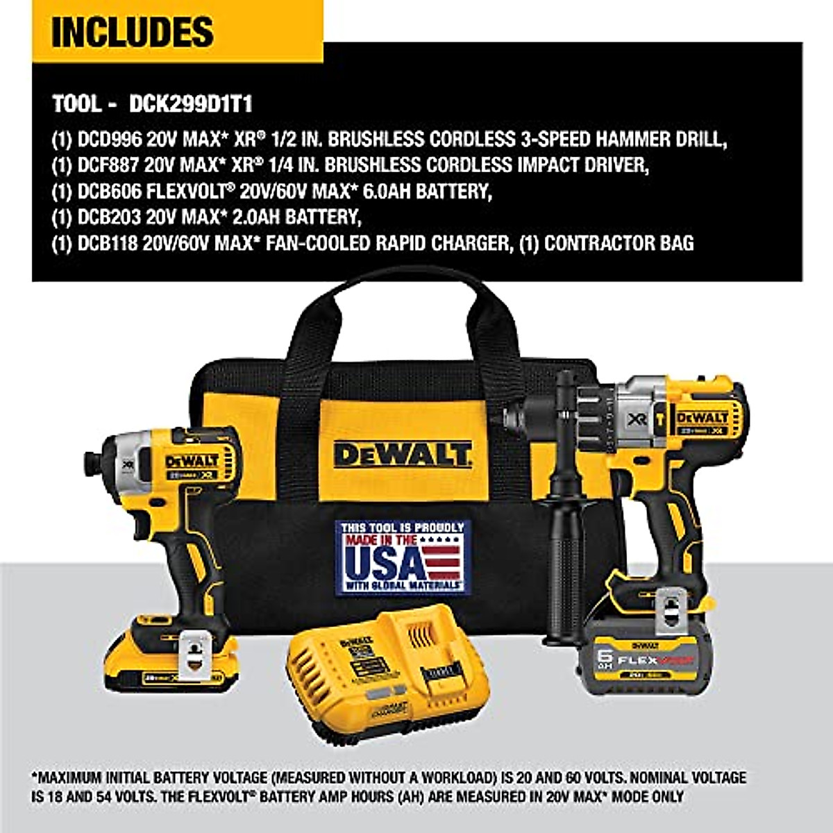 DEWALT FLEXVOLT 60V MAX* Cordless Drill Combo Kit, Hammer Drill & Impact Driver (DCK299D1T1)