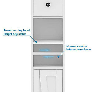 Bathroom Cabinet with Adjustable Shelf, Storage Cabinet for Small Space, Tall Bathroom Storage Cabinet with Retractable Toilet Paper Rod, Narrow Cabinet with 2 Doors, 8 Storage Compartments (White)