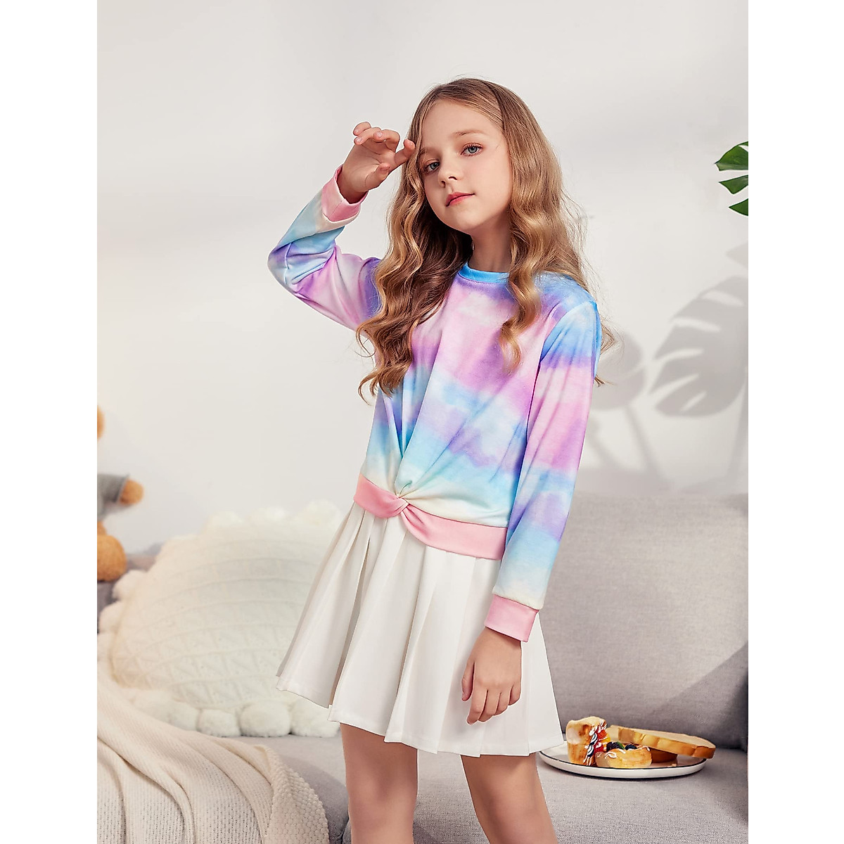 Arshiner Girls Casual Twist Front Light Weight Sweatshirt Tie Dye Printed Long Sleeve Crop Tops Pullover Size 11-12 Years
