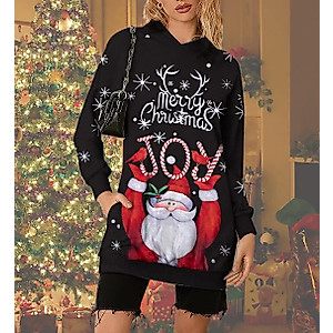 MNLYBABY Women's Christmas Hooded Sweatshirt Funny Santa Graphic Shirt Long Sleeve Pullover Tunic Hoodie Dress with Pockets Black