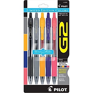 PILOT G2 Harmony Ink Collection Limited Edition Retractable Gel Pens, 0.7mm, Fine Point, Assorted Ink, 5-Pack