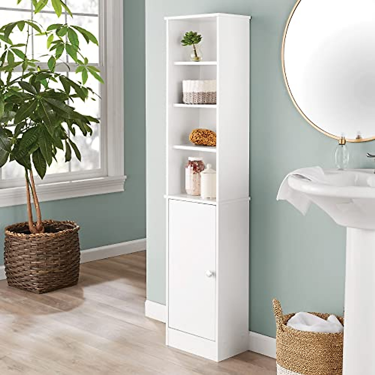 AZZAN White Bathroom Storage with Open and Concealed Shelves