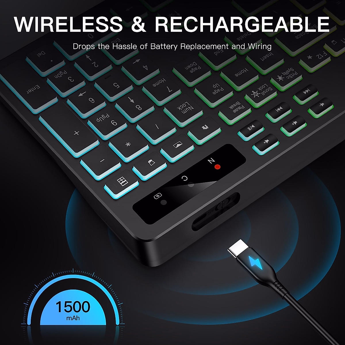 Soueto Wireless Keyboard with 7 Colors & 4 Modes RGB Backlit, Ergonomic Keyboard with Wrist Rest, Phone Tablet Holder, 2.4G Light Up Computer Keyboard with Numeric Keypad for Mac, Windows