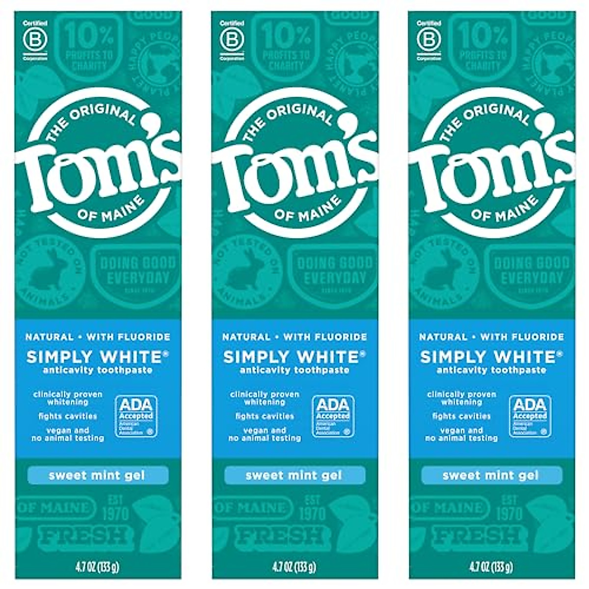 Tom's of Maine Natural Simply White Fluoride Toothpaste, Sweet Mint, 4.7 oz. 3-Pack (Packaging May Vary)