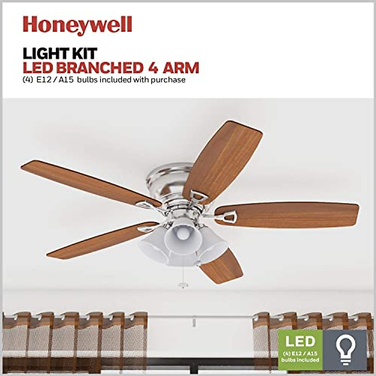 Honeywell Ceiling Fans Glen Alden, 52 Inch Classic Flush Mount Indoor LED Ceiling Fan with Light, Pull Chain, Quick-2-Hang Dual Finish Blades, Reversible Motor - 50519-01 (Brushed Nickel)
