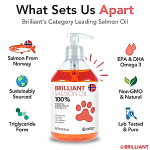 Brilliant Omega 3 Salmon Oil for Dogs & Cats - Norwegian Fish Oil Supplement with EPA & DHA Fatty Acids for Shedding, Allergy, Itching, Dry Skin & Joint Health - Skin and Coat Fish Oil Liquid, 40 Oz