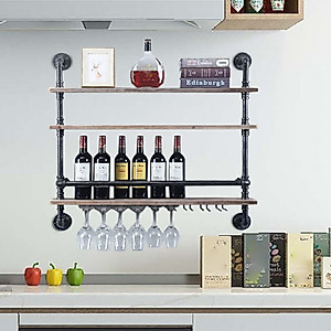 Industrial Pipe Shelf Wine Rack Wall Mounted, 3-Tier Rustic Floating Bar Shelves Wine Shelf with 9 Stem Glass Holder ,36in Real Wood Shelves Wall Shelf Unit