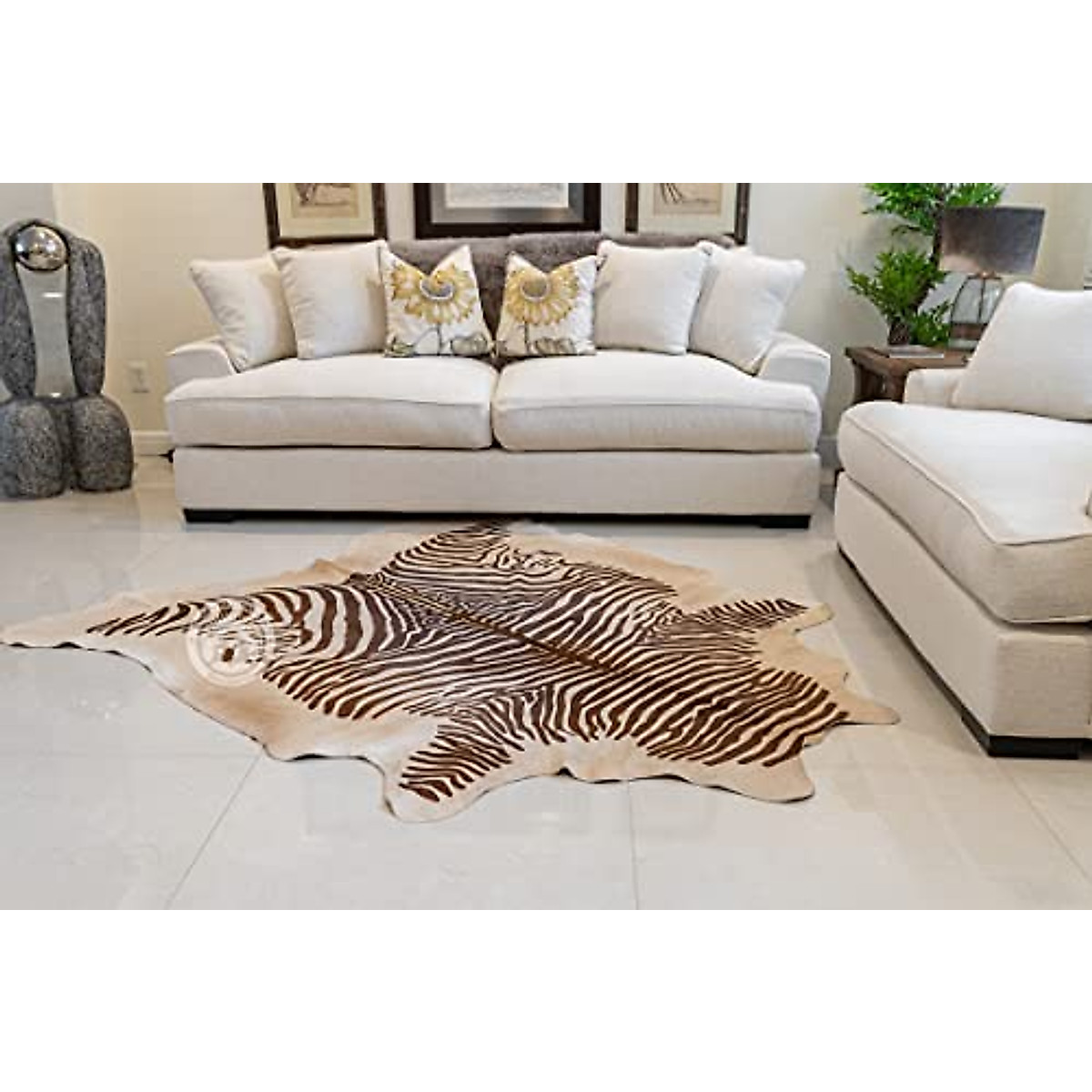 Zebra Print Brown on Beige Genuine Cowhide Rug 6 x 7 ft. 180 x 210 cm