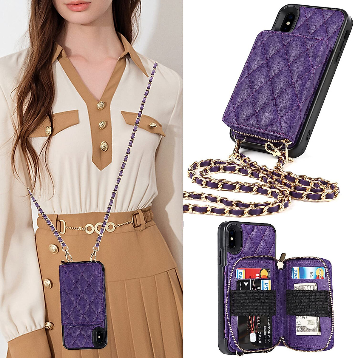 ShunJieTech for iPhone Xs Max Case,for iPhone XSMax Wallet Case with Card Holder,Crossbody Chain Purse Wrist Handbag Strap Leather Cover Case [Card Slots][Coin Zipper Pocket](6.5")-Purple